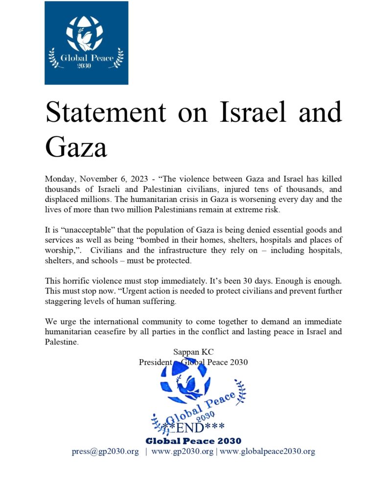 Statement on Israel and Gaza – Global Peace 2030
