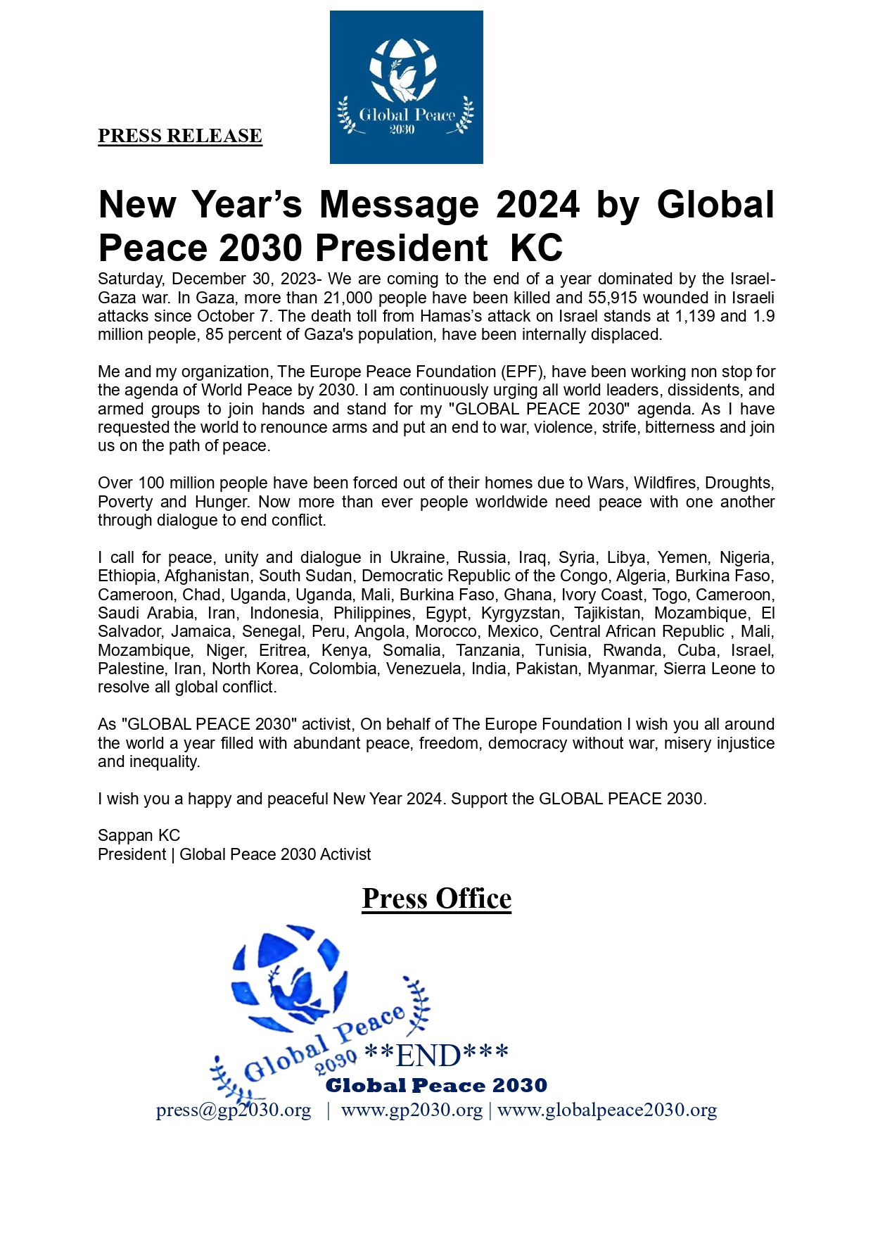 New Year’s Message 2024 by Global Peace 2030 President Mr. KC – Global ...