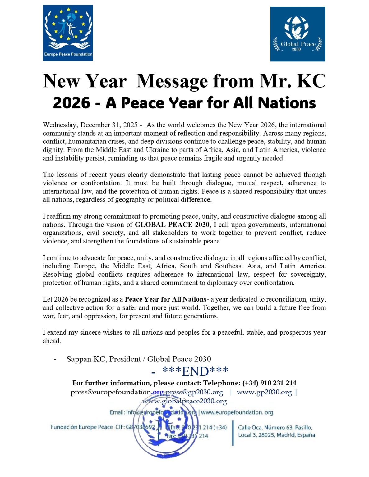 New Year Message from Mr. KC, 2026 – A Peace Year for All Nations ...